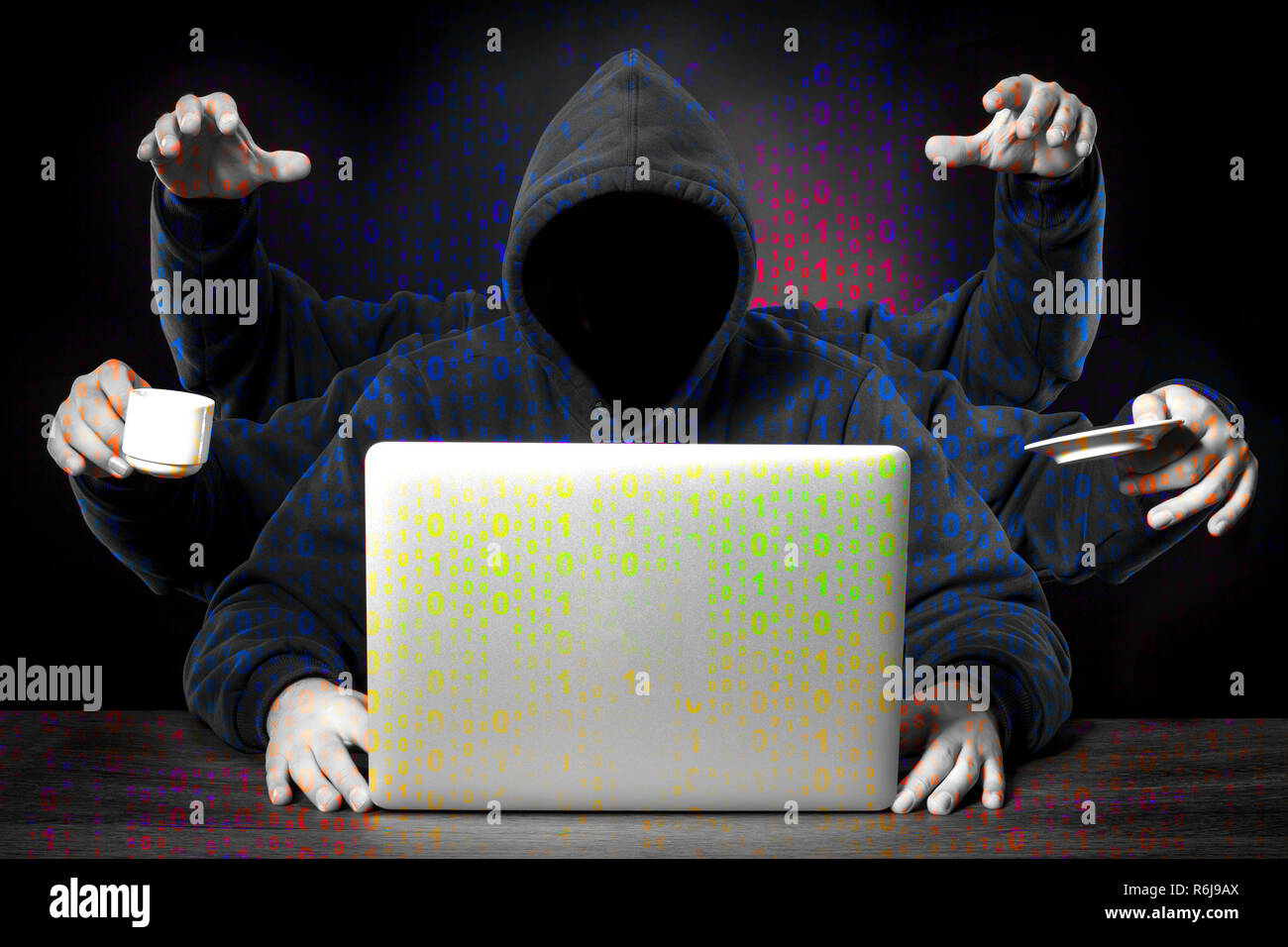 binary code on the background of an unrecognizable faceless hacker with six hands all a ...