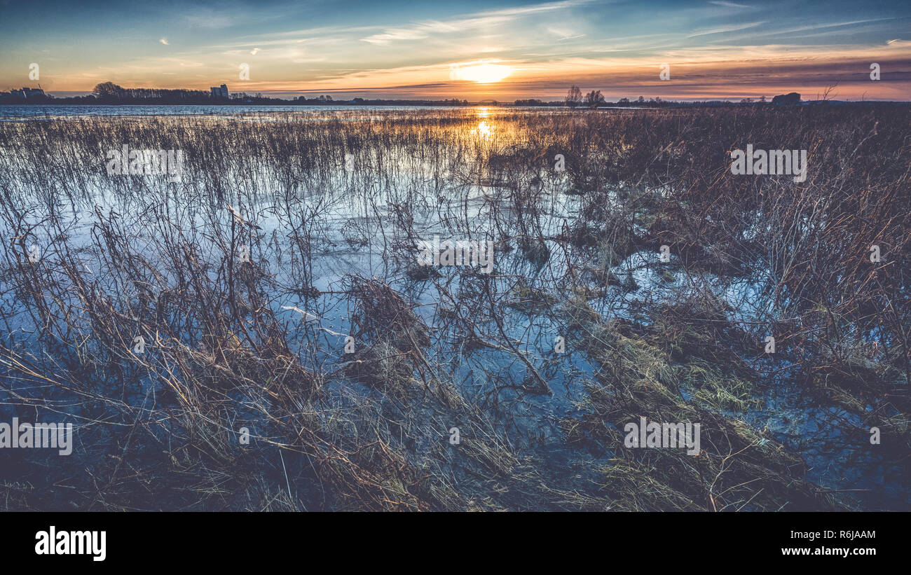 Flooded grass field and floodplains with a beautiful view of the flat ...
