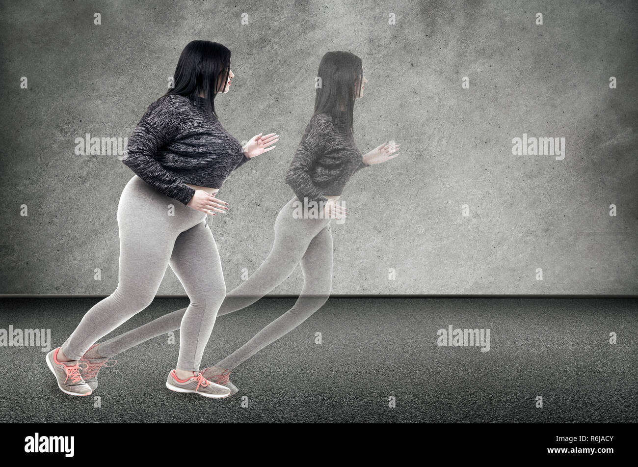 plus-sized woman runs to her thin shadow on the wall, the concept of ...