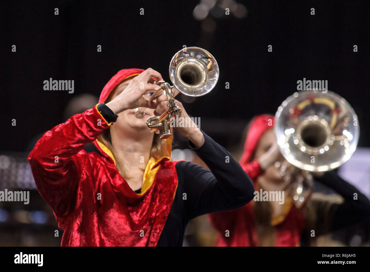 Details of a performing wind band during a performance or concert with ...