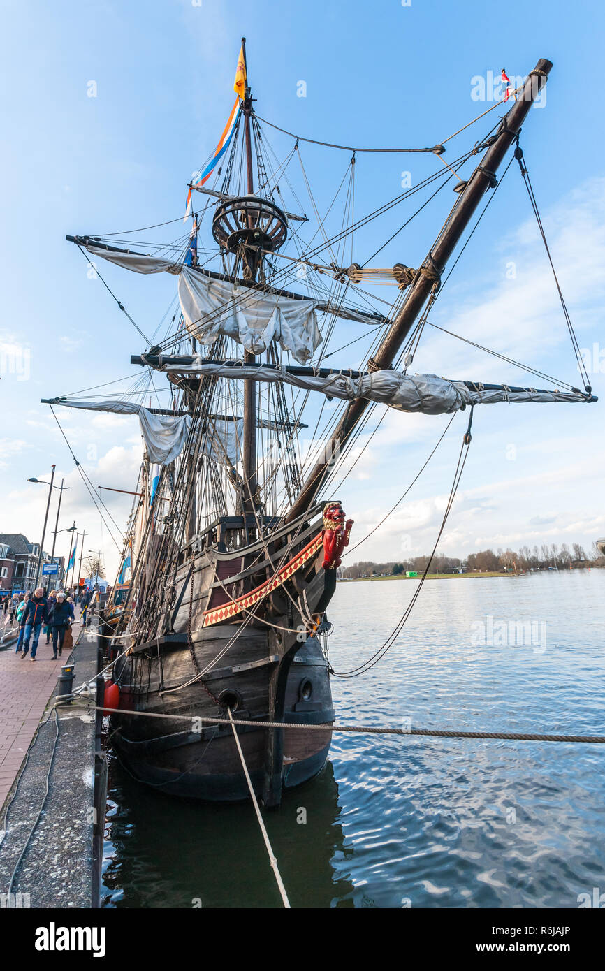 Detail of mast of ship. Detailed rigging with sails. Vintage sailing ...