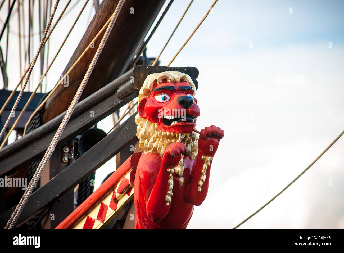Detail of mast of ship. Detailed rigging with sails. Vintage sailing ...