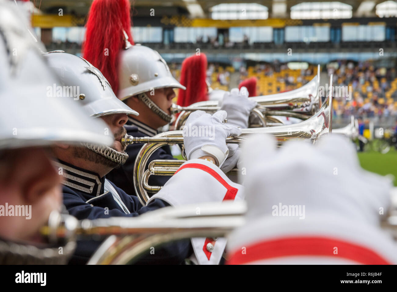 Details from a music, show and marching band. Playing musicians wind ...