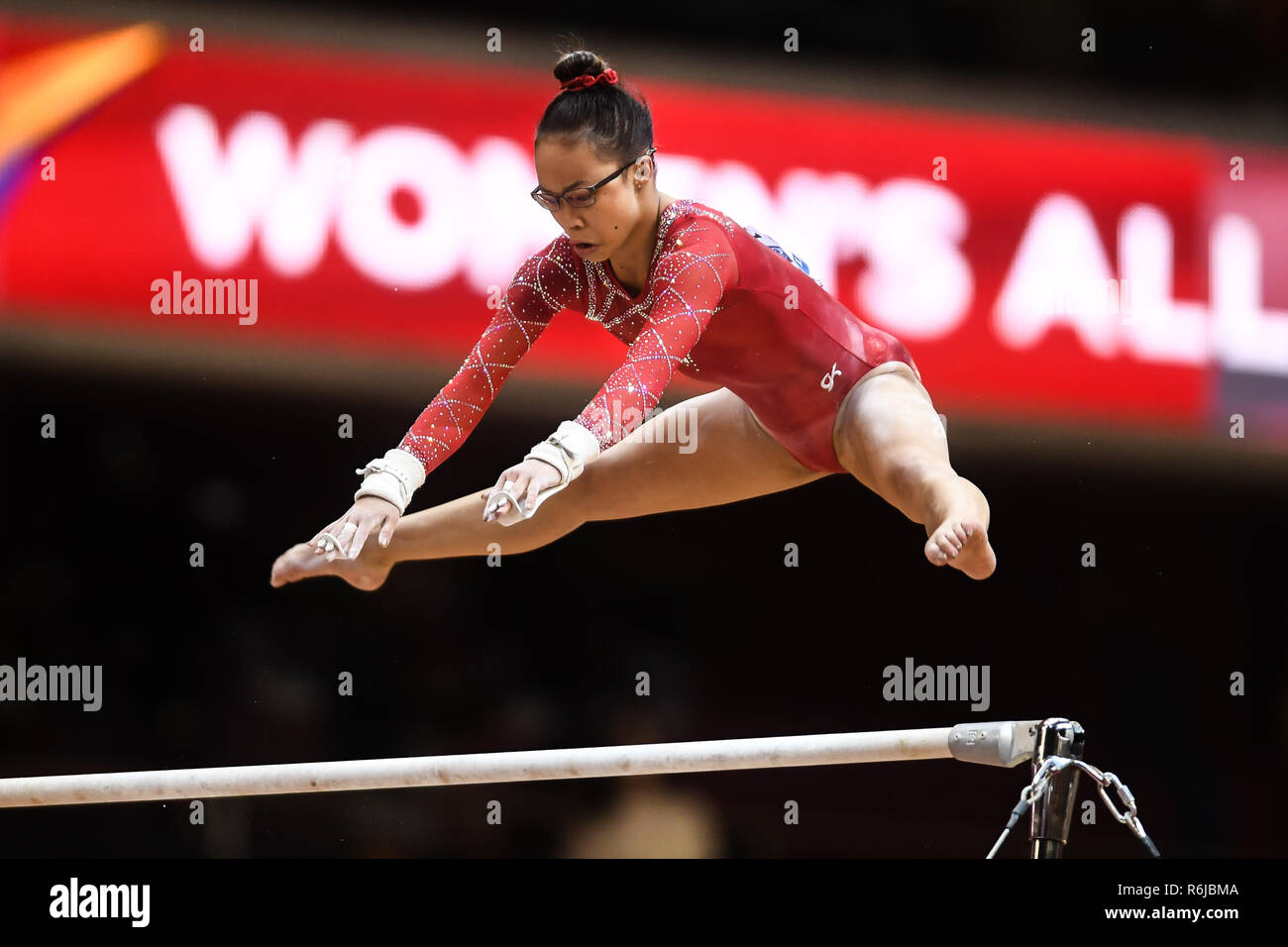 Doha, Qatar. 1st Nov, 2018. MORGAN HURD competes on the uneven bars ...