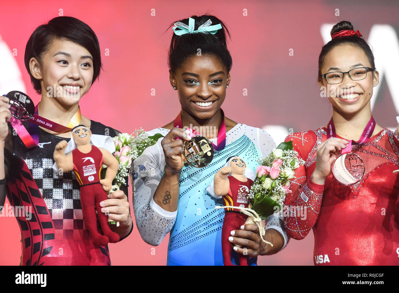 Doha, Qatar. 1st Nov, 2018. MAI MURAKAMI, SIMONE BILES, and MORGAN HURD ...
