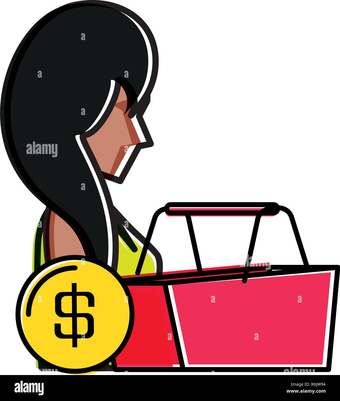 young woman with basket shopping and coin vector illustration design ...