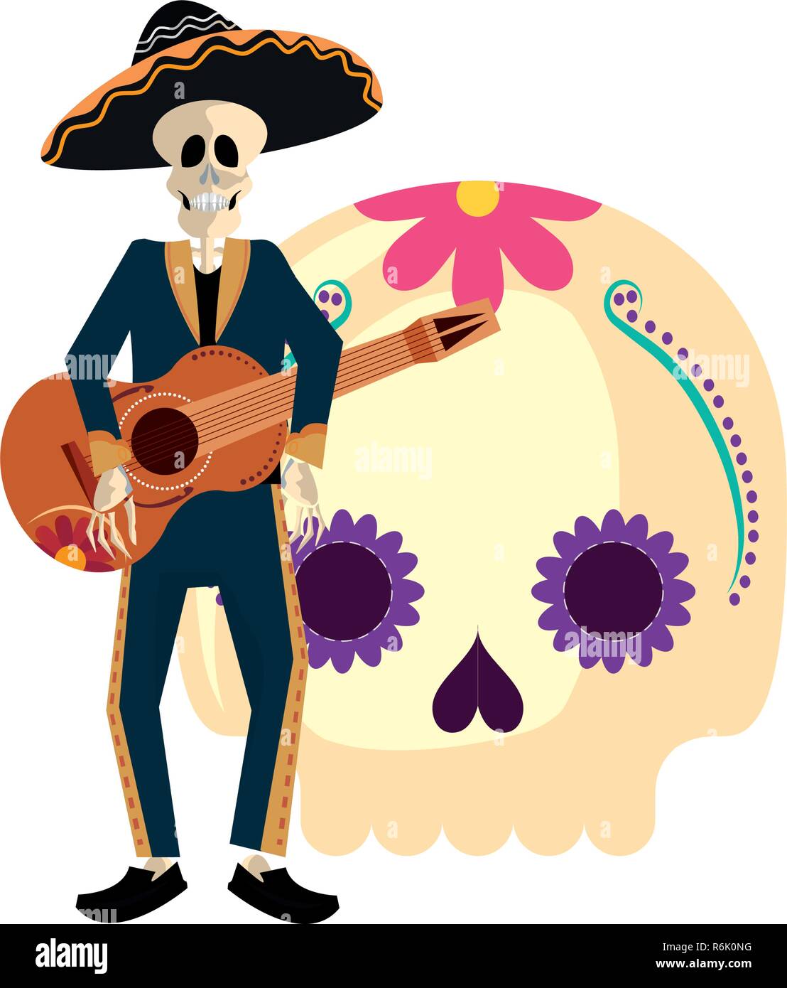 skeleton with guitar and skull day of the dead vector illustration ...