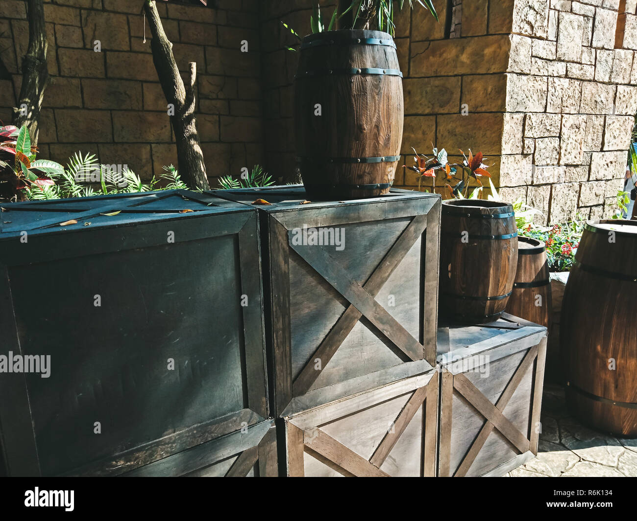 Wooden boxes and barrels Stock Photo - Alamy