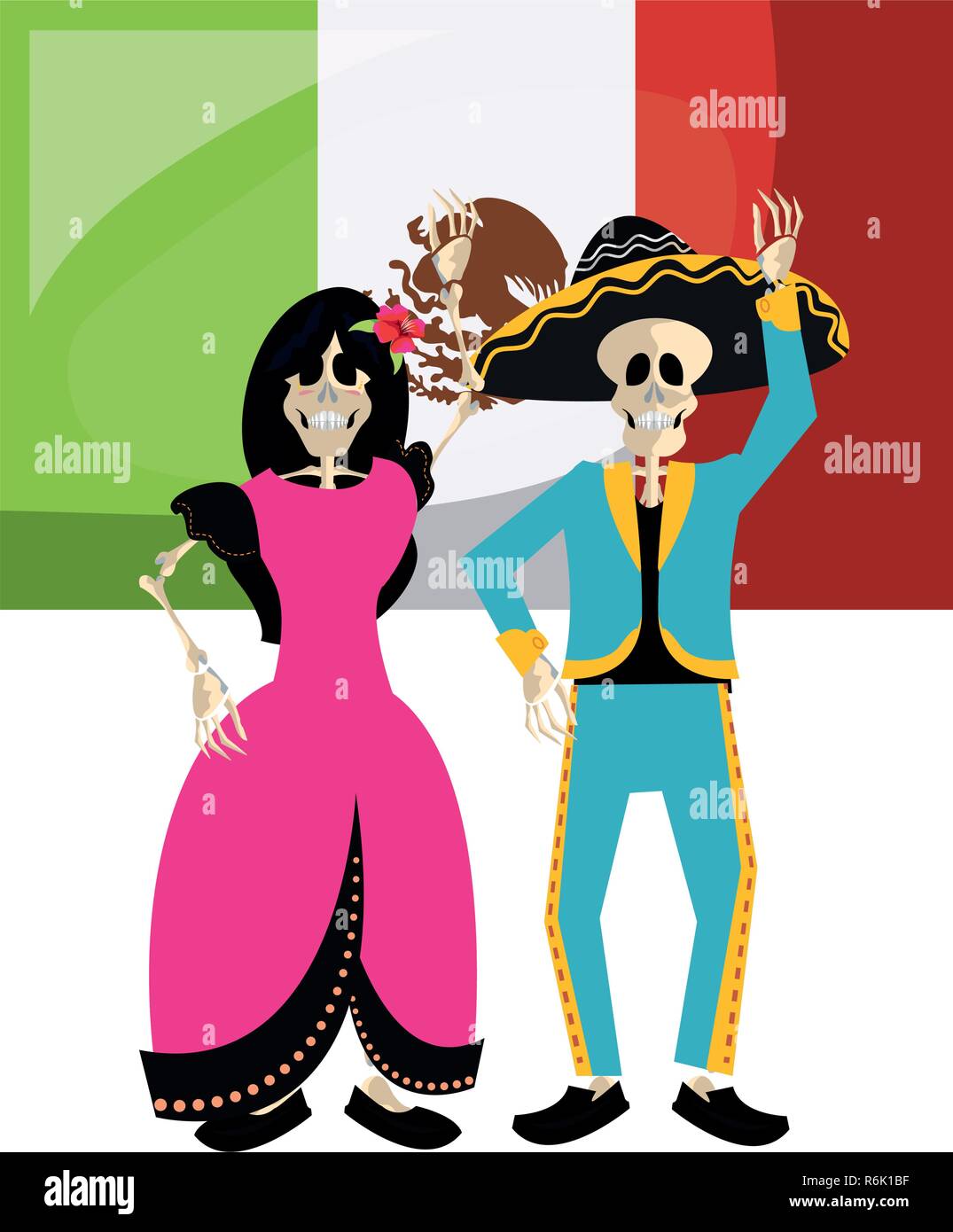 skeleton catrina and flag mexican day of the dead vector illustration ...