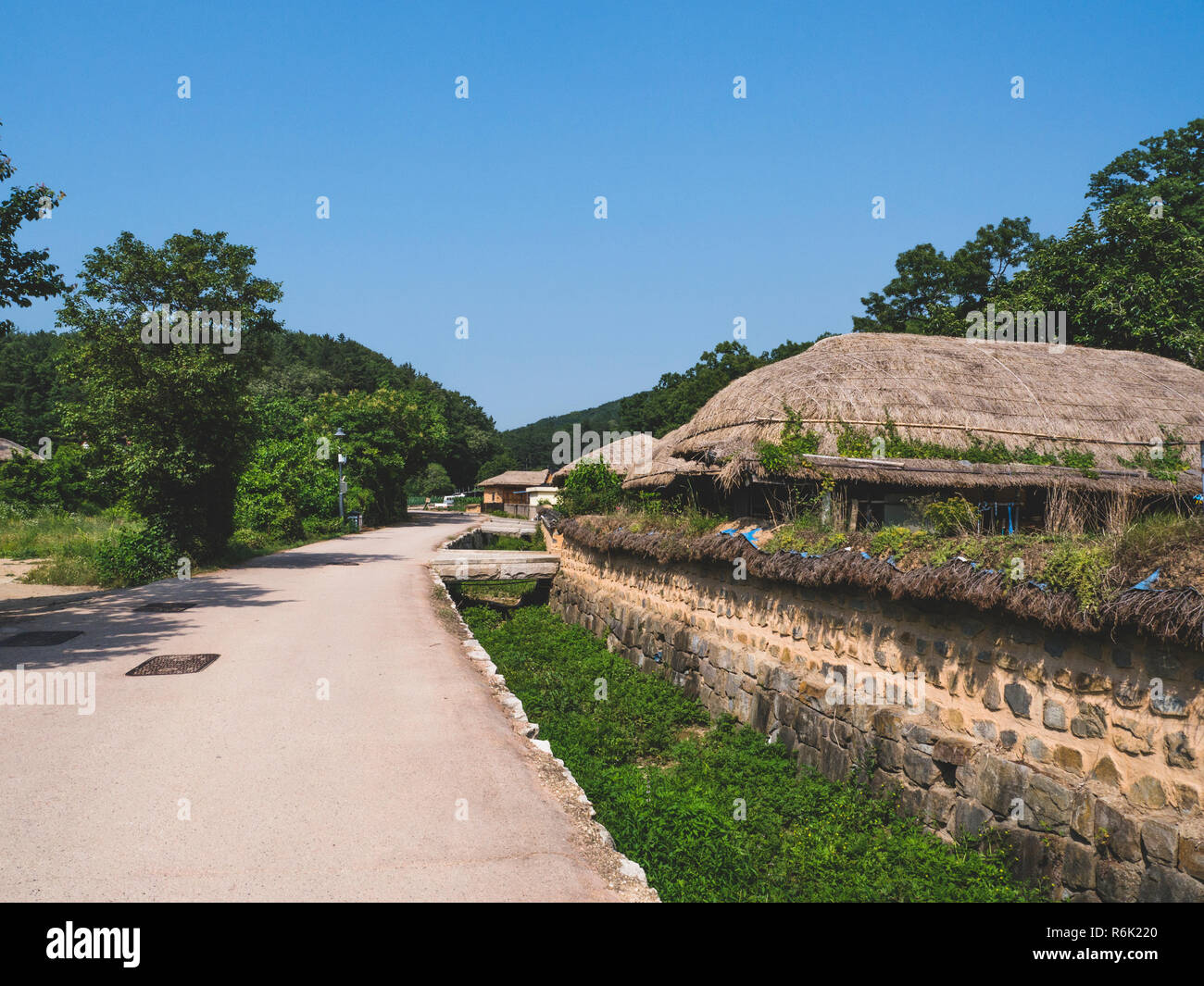 The small street with thatched houses in the traditional asian village ...