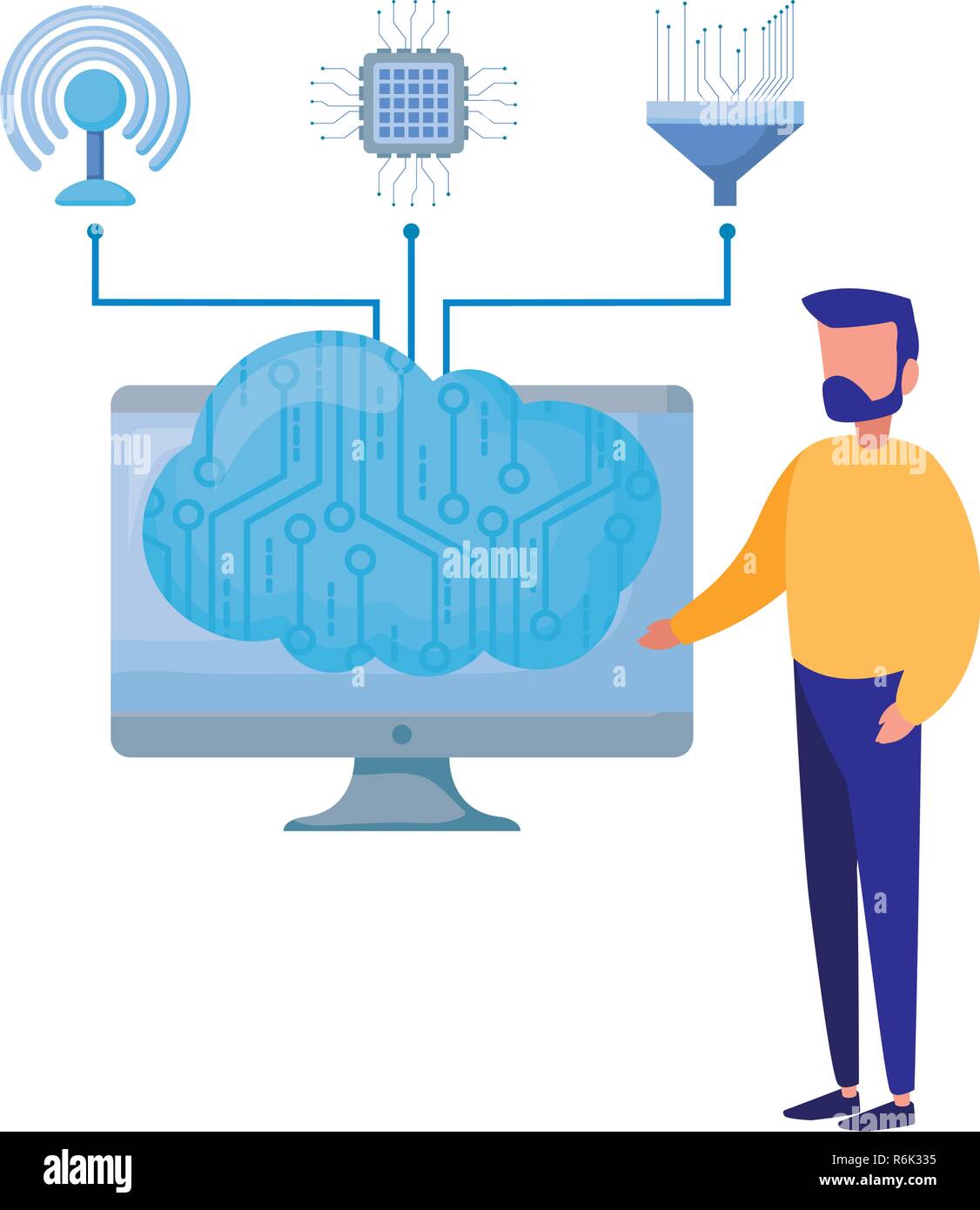 businessman computer storage cloud funnel wifi vector illustration ...