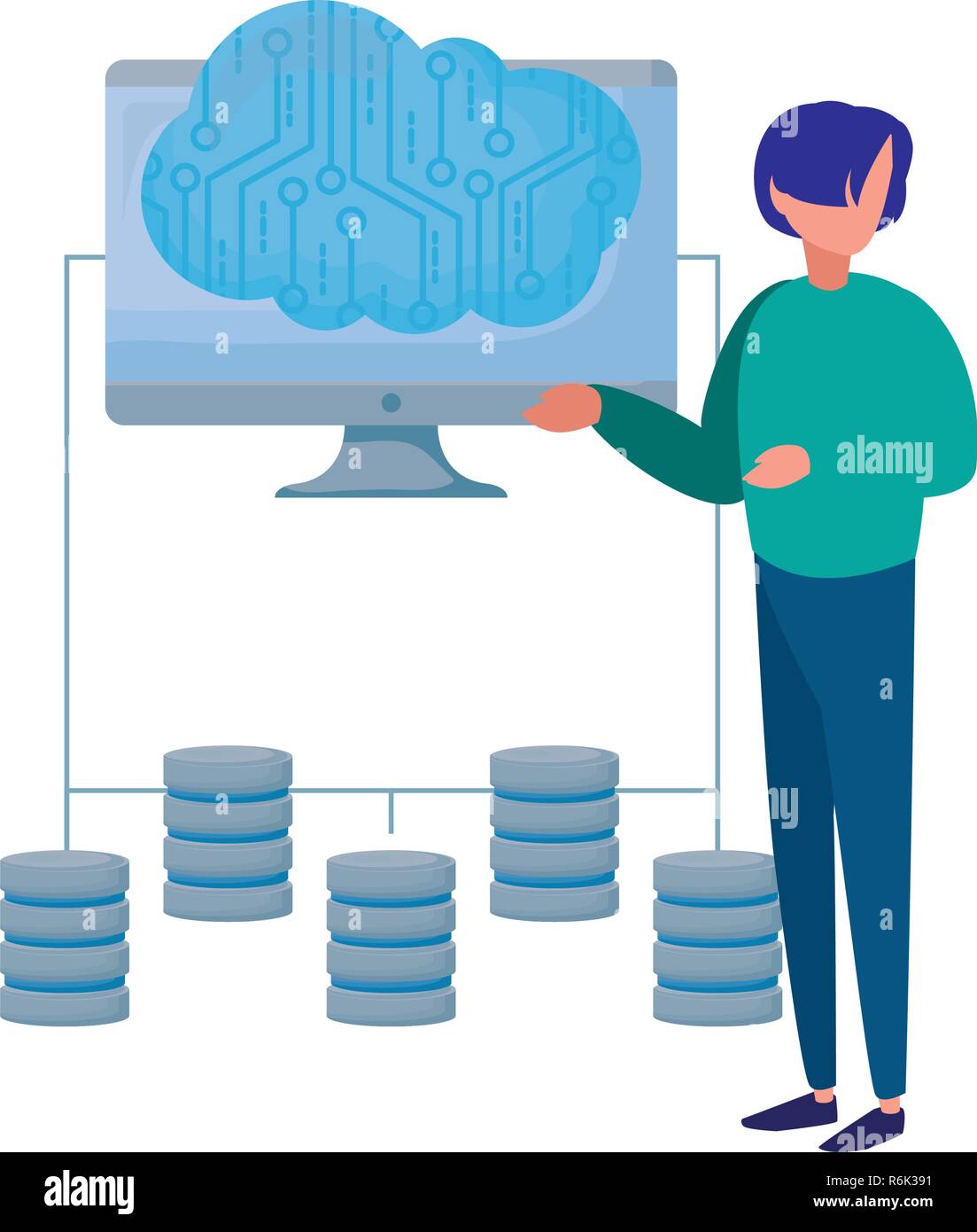 businessman computer cloud storage database server vector illustration ...