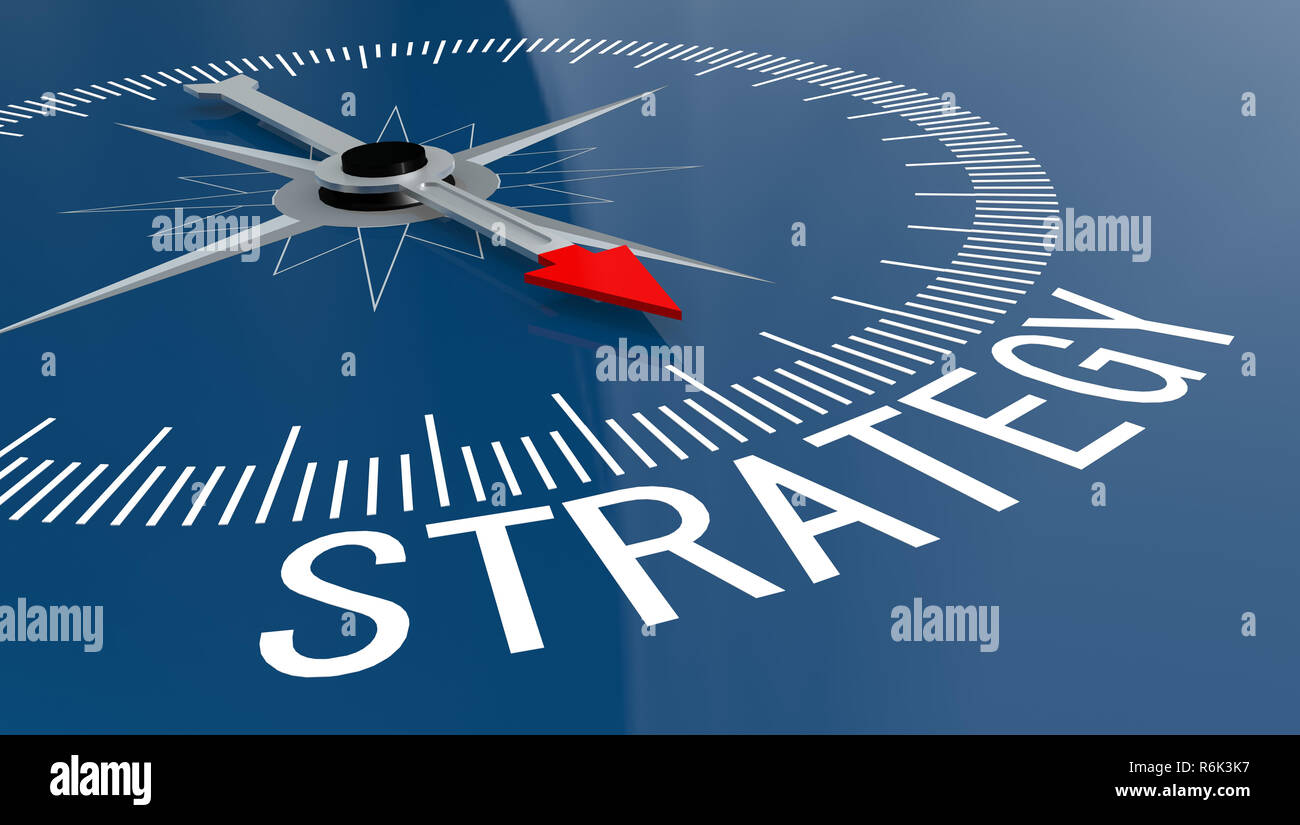 Blue compass with strategy word Stock Photo - Alamy