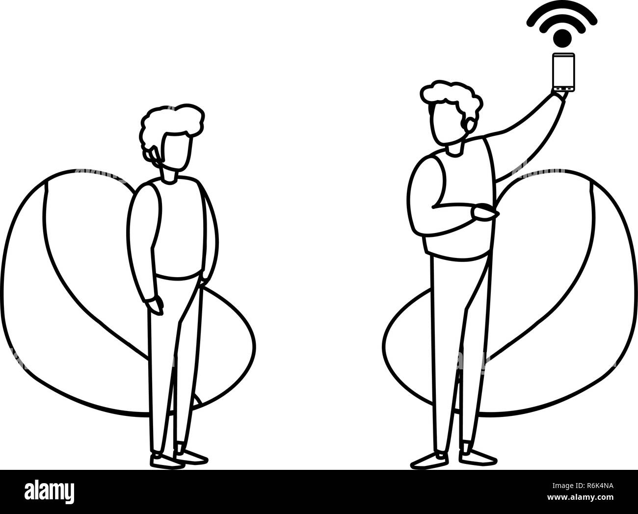 men team with mobile wifi internet vector illustration outline vector ...