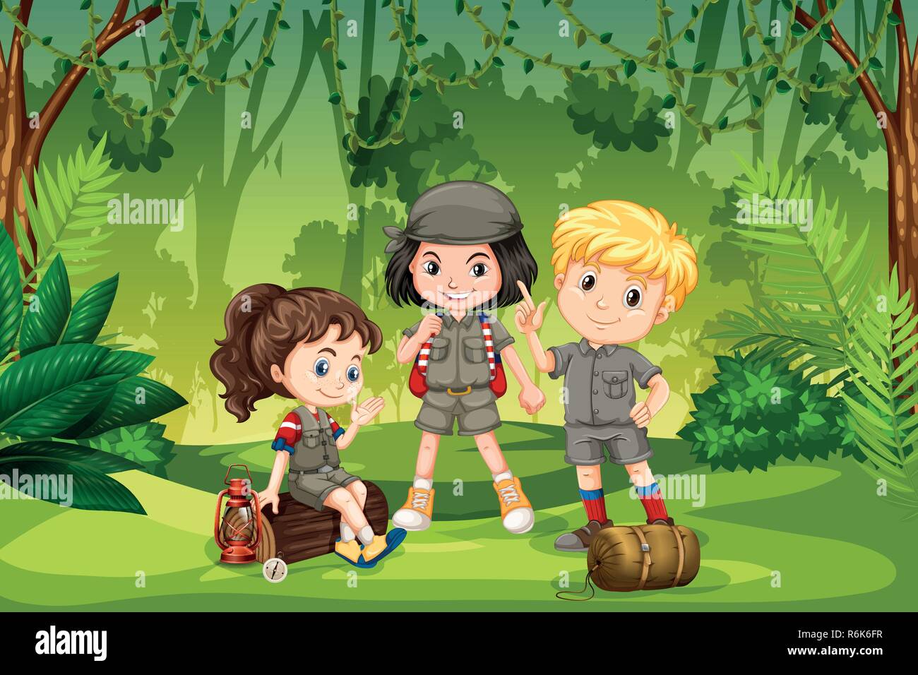 Three scout kids in the jungle illustration Stock Vector Image & Art ...