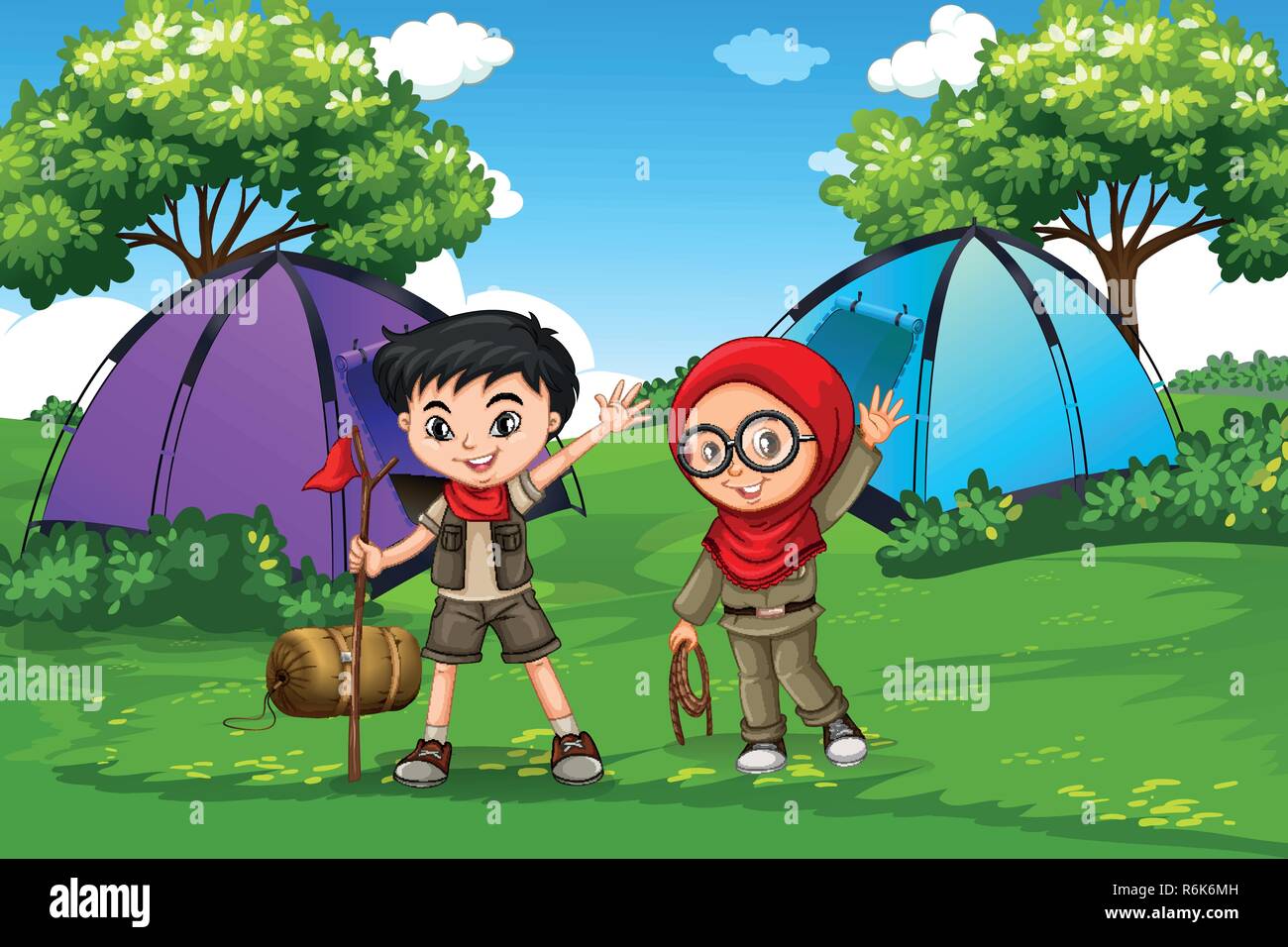 Boy and girl scout camping in forest illustration Stock Vector Image ...