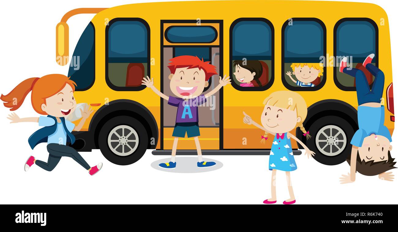 Children on a school bus illustration Stock Vector Image & Art - Alamy