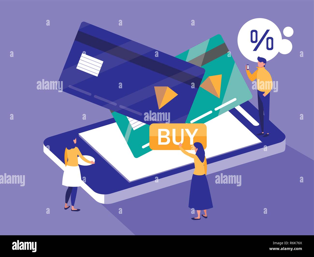 mini people with smartphone and shopping online vector illustration ...