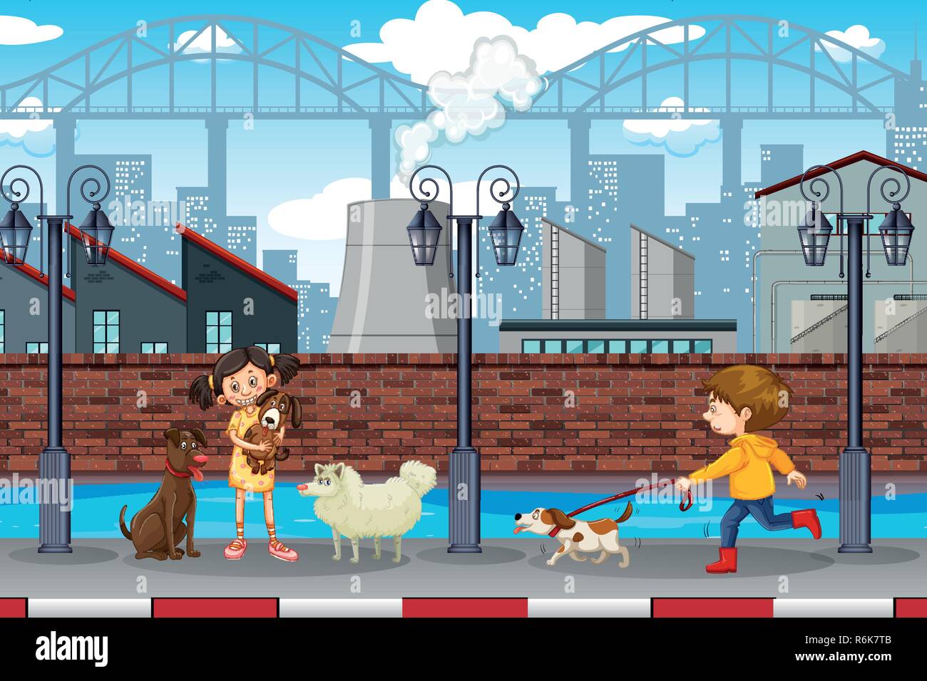 Kids and pets urban scene illustration Stock Vector Image & Art - Alamy