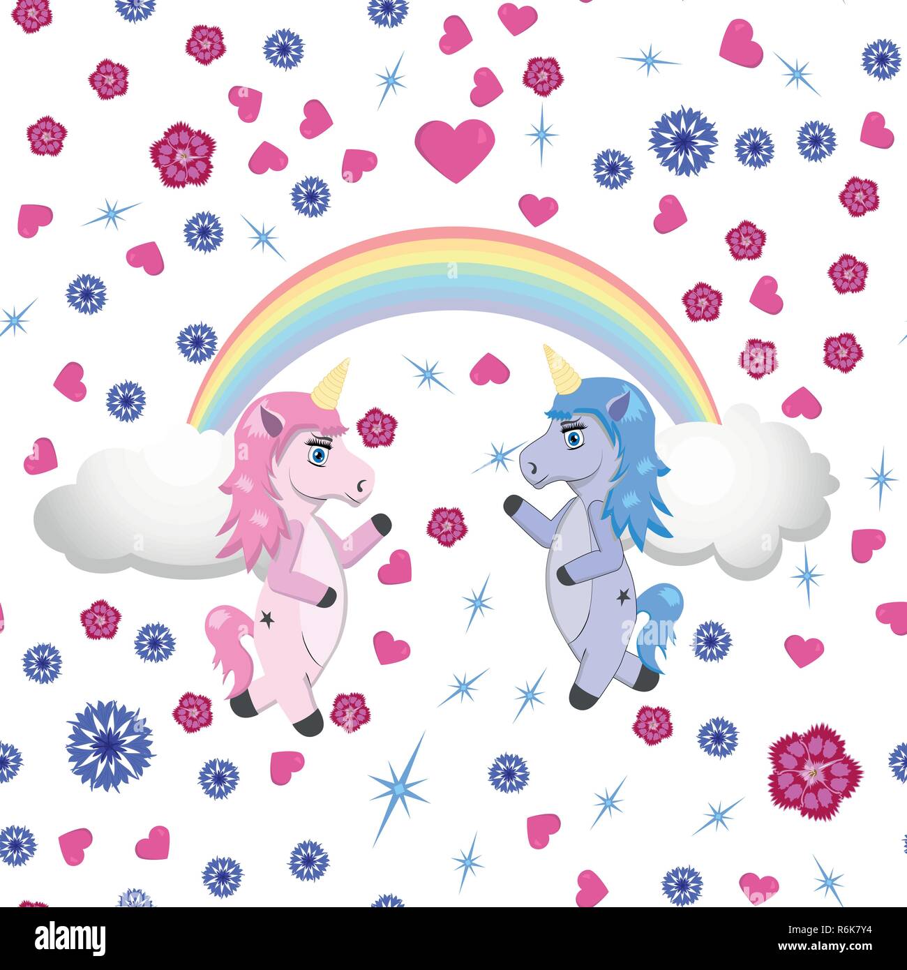 Two unicorns under the rainbow on a white background with flowers and ...