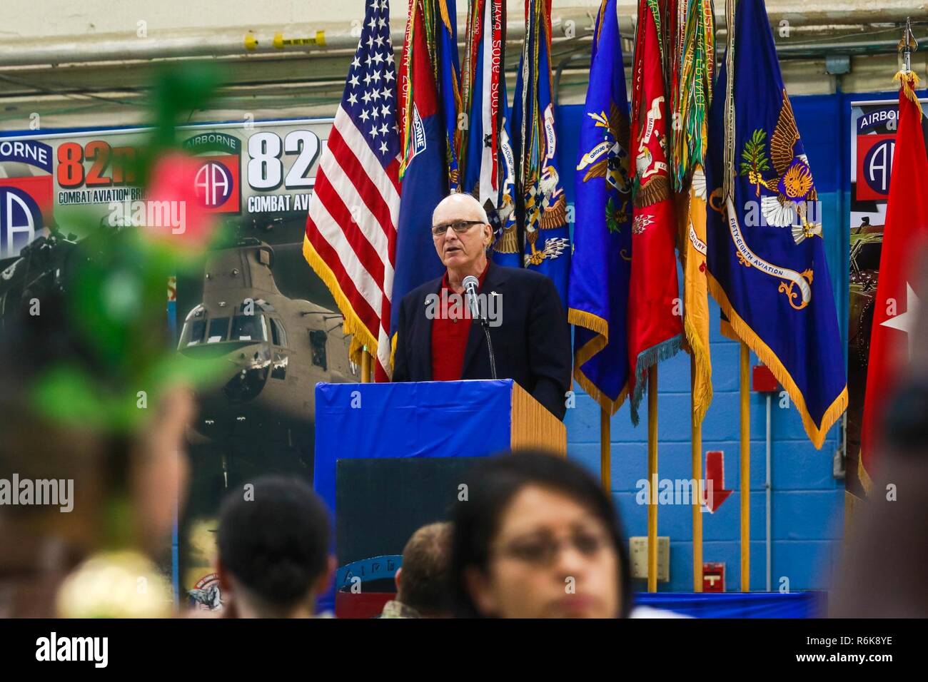 Retired U.S. Army Brig. Gen. Dennis Kerr speaks during the 82nd Combat ...