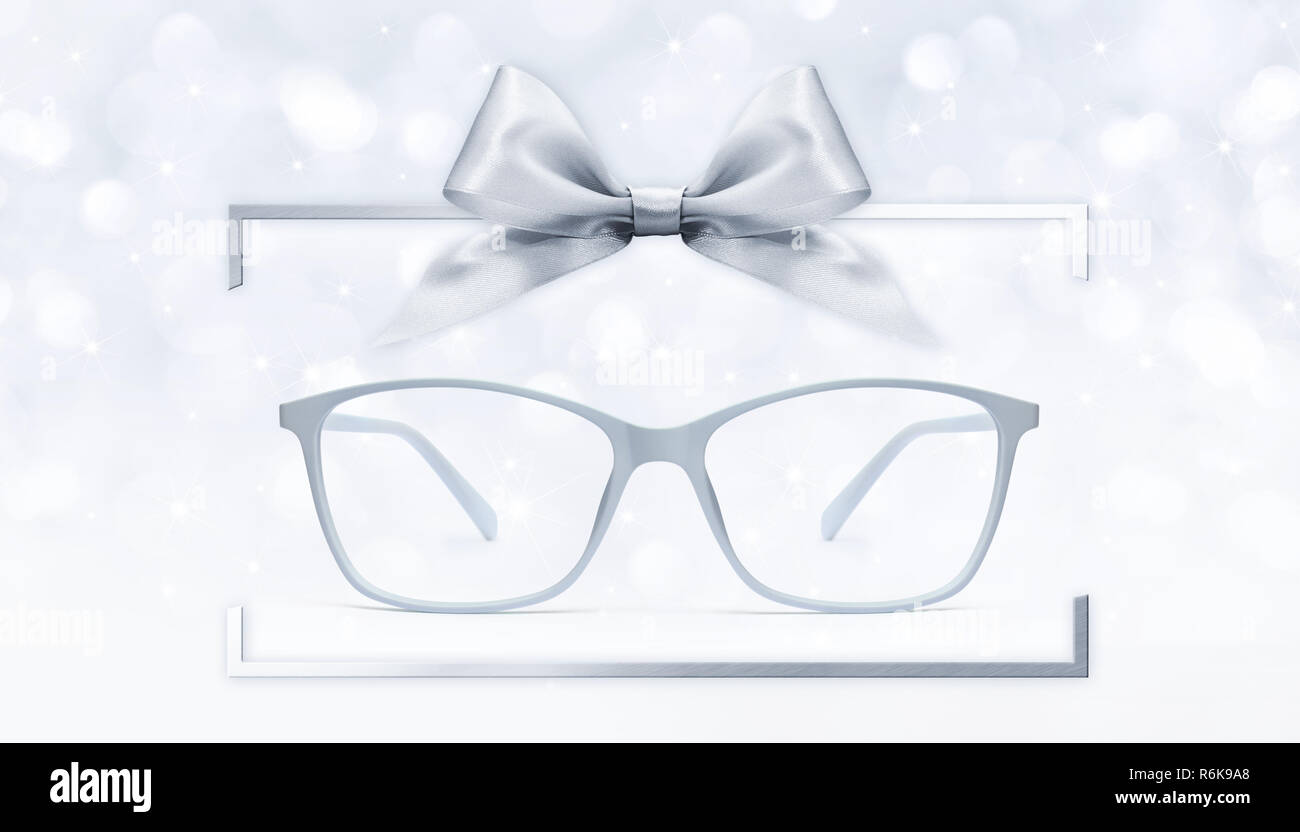 eyeglasses gift card, grey spectacles and silver ribbon bow in box ...