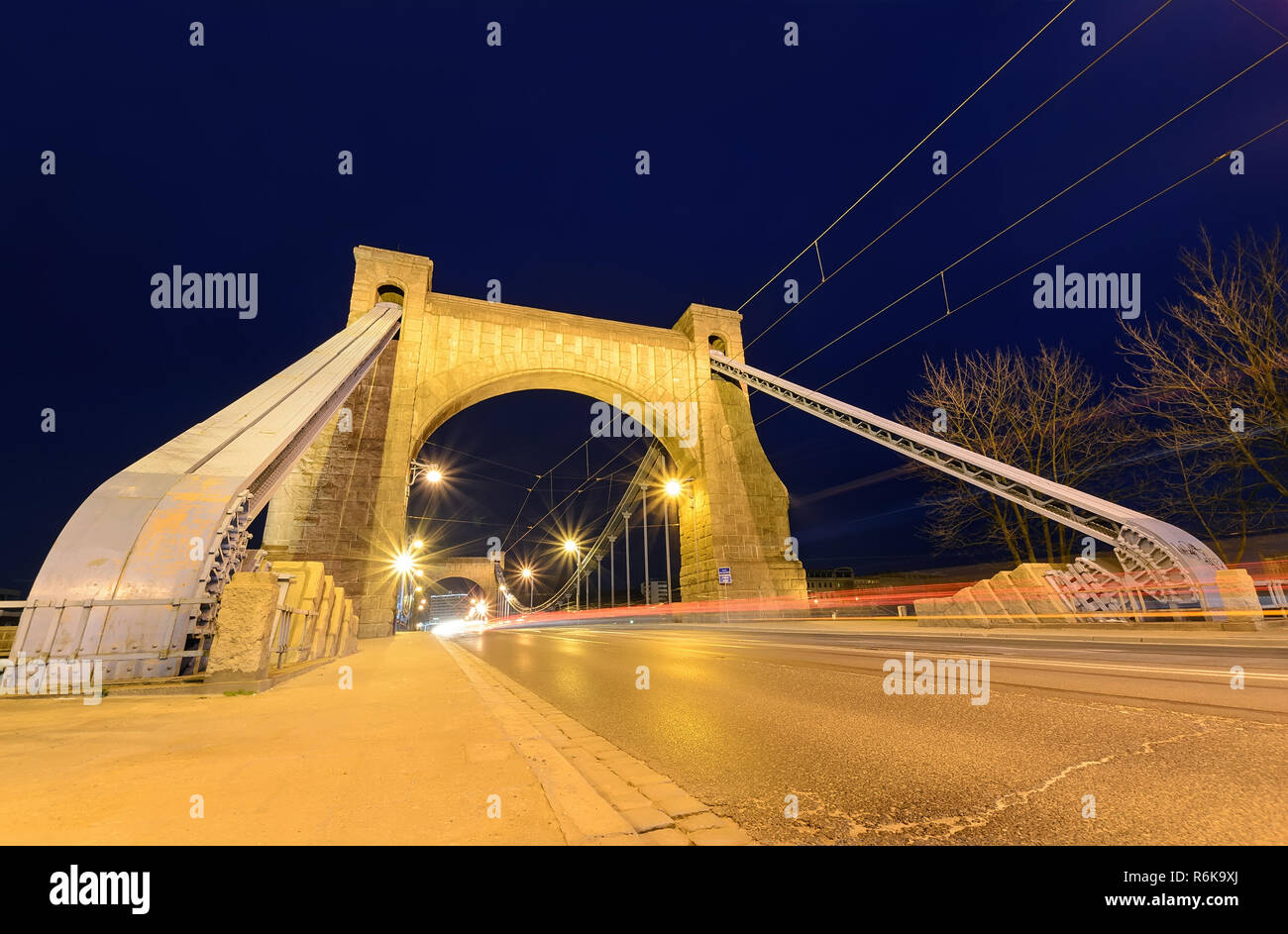 Wroclaw most famous bridge at dusk - with red auto trails. Grunwaldzki ...