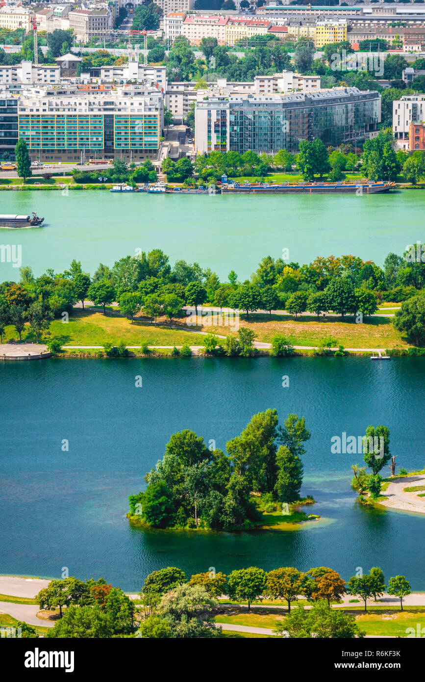 Danube river and New Danube canal with different color of water in ...
