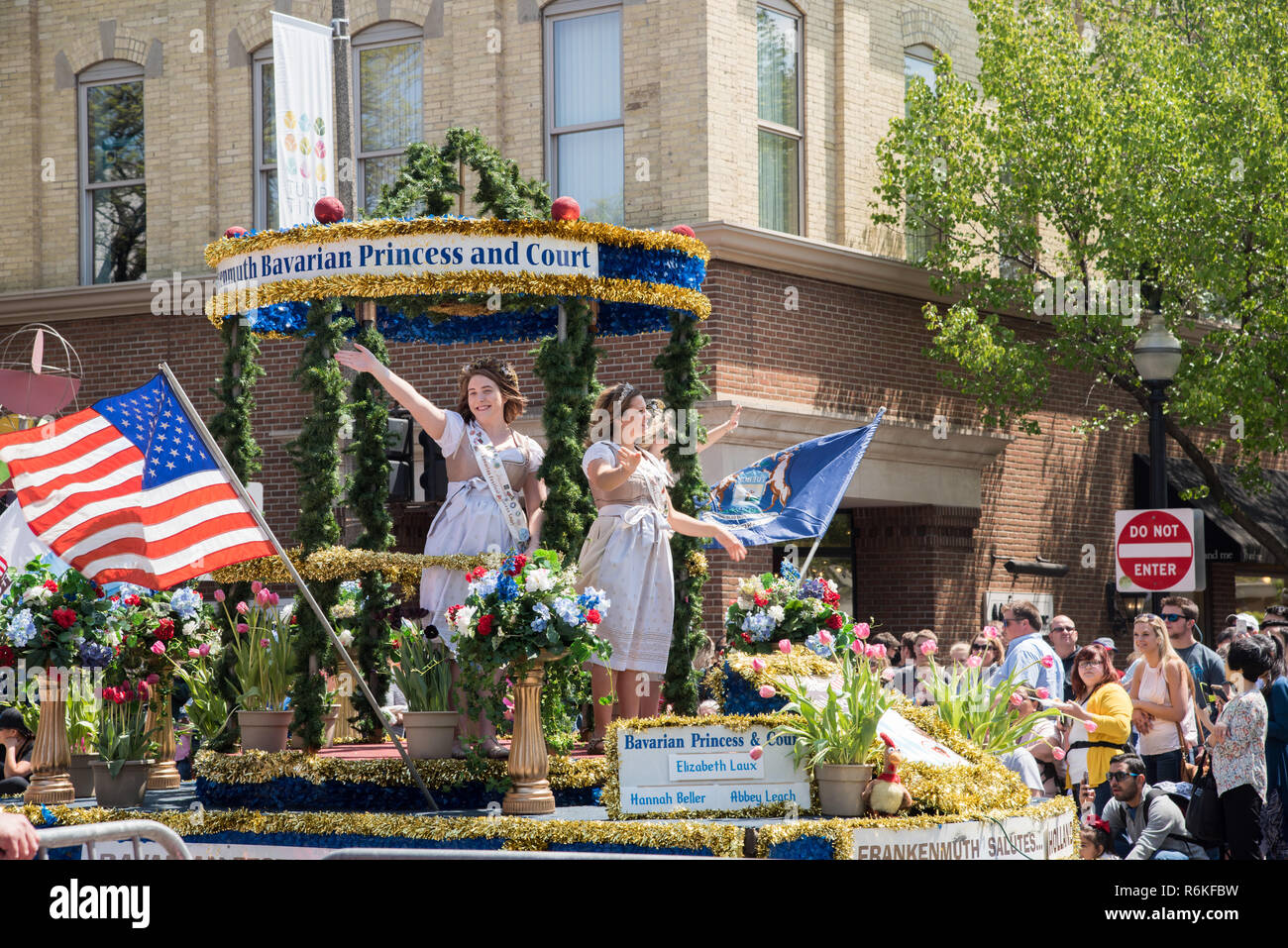 Holland, Michigan, United States-5/14/2017: Decorated float with young ...