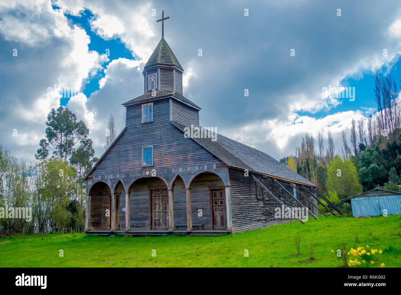 CHILOE, CHILE - SEPTEMBER, 27, 2018: Exterior view of quinchao church ...
