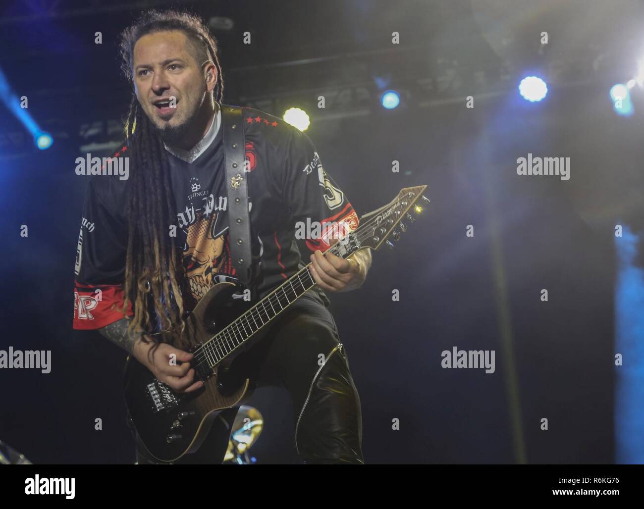 Zoltan Bathory, rhythm guitarist, Five Finger Death Punch, performs for ...