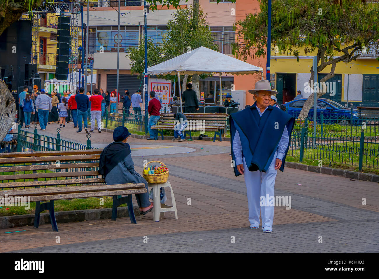 Calderon Park, Cotacachi, Ecuador, in front of Matriz Church Stock ...