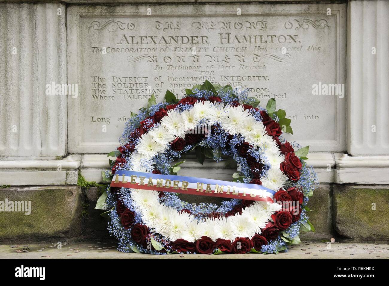 A memorial wreath at the grave of Alexander Hamilton on the grounds of ...