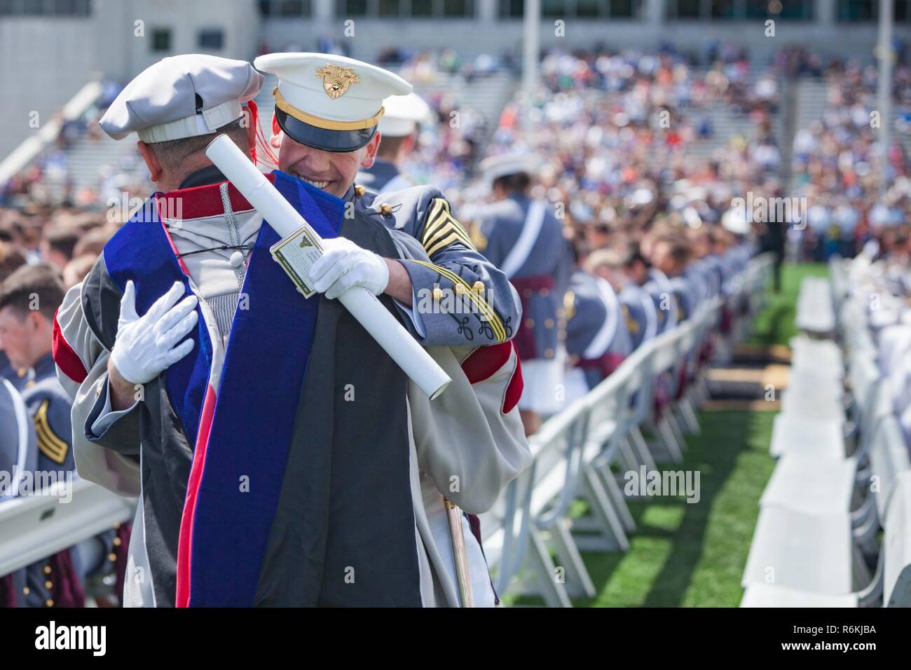 U.S. Military Academy cadets celebrate receiving their diplomas during ...