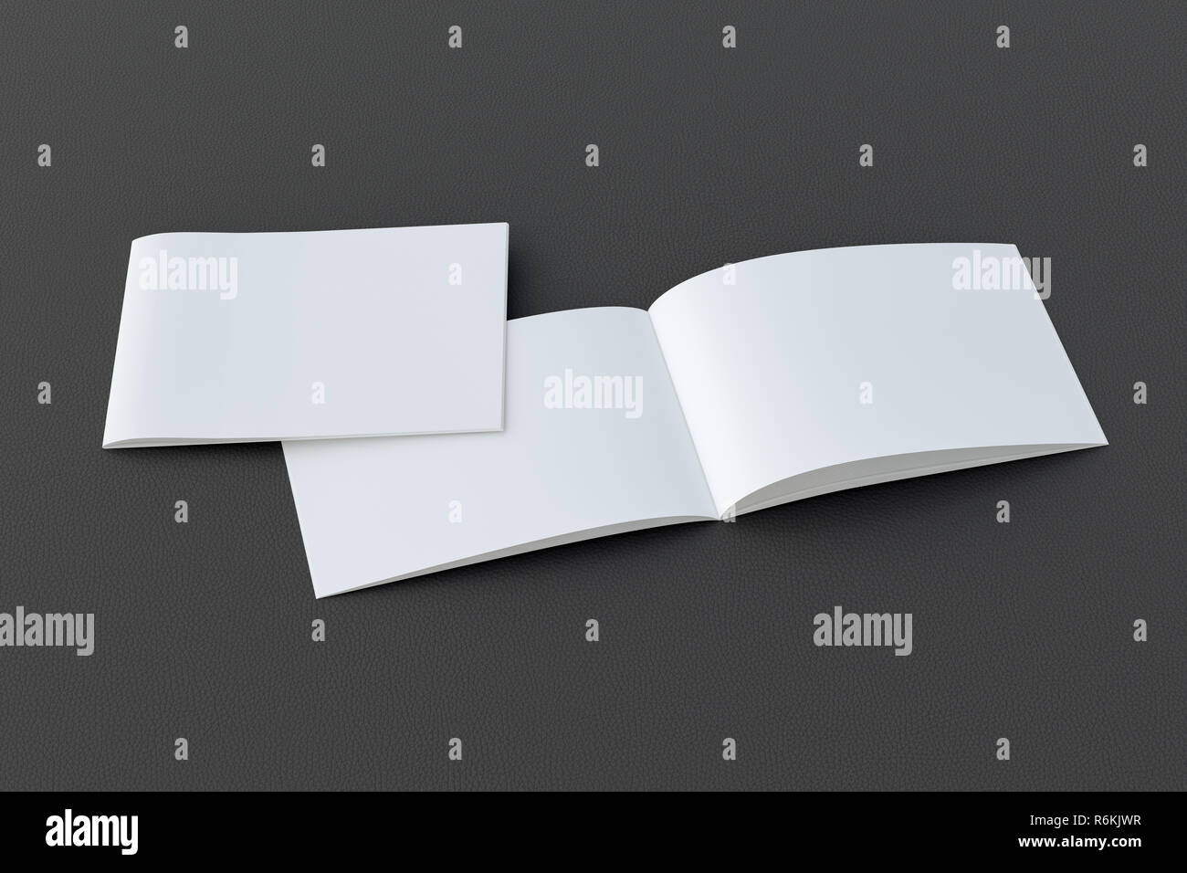 Open and closed horizontal blank booklet on black background with ...