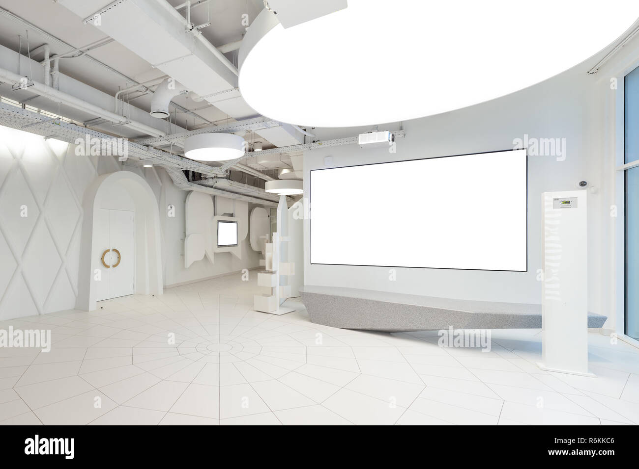 Office lobby interior with reception desk and info display. Include ...