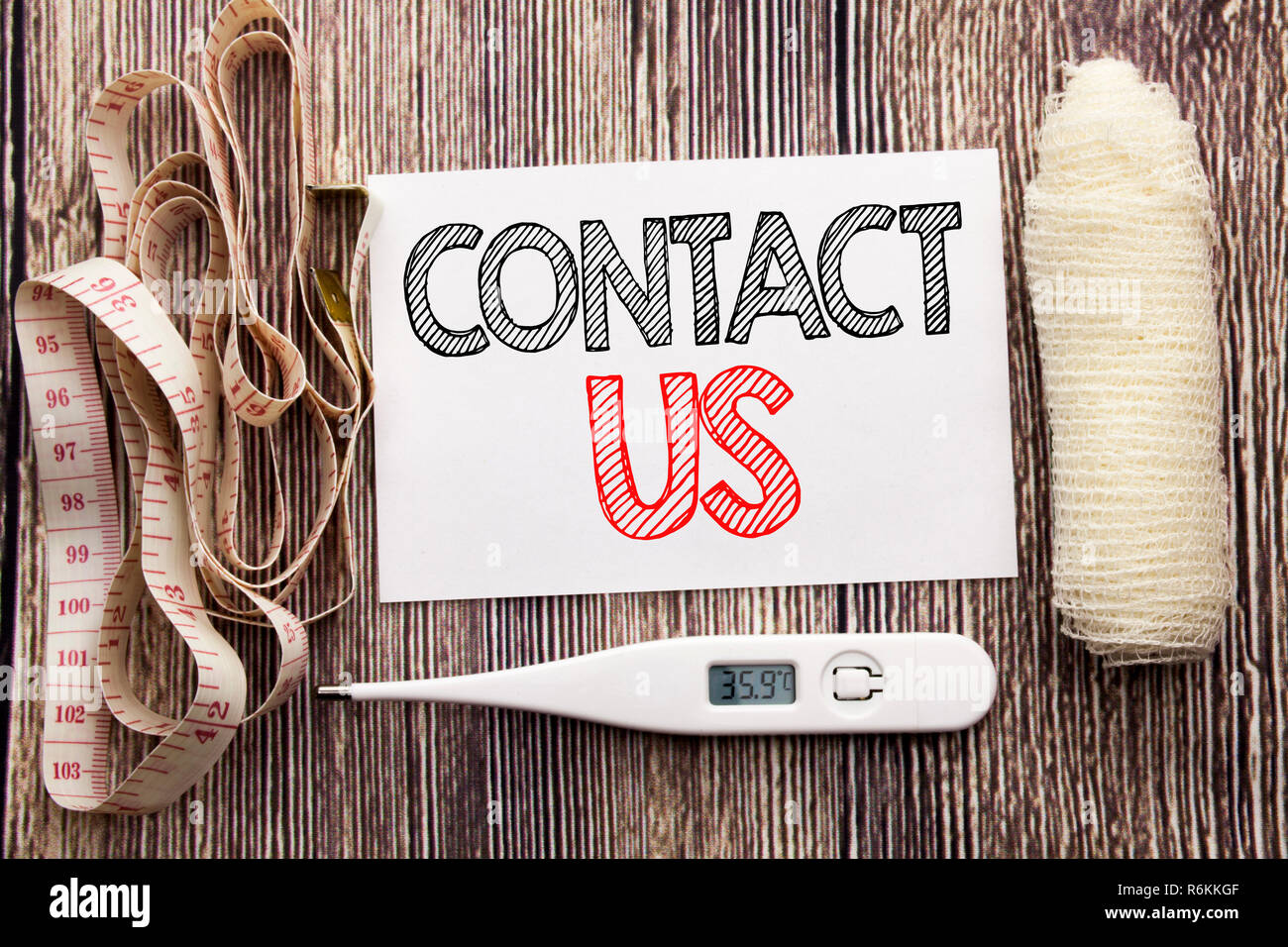 Handwritten text showing Contact Us. Business fitness health concept ...