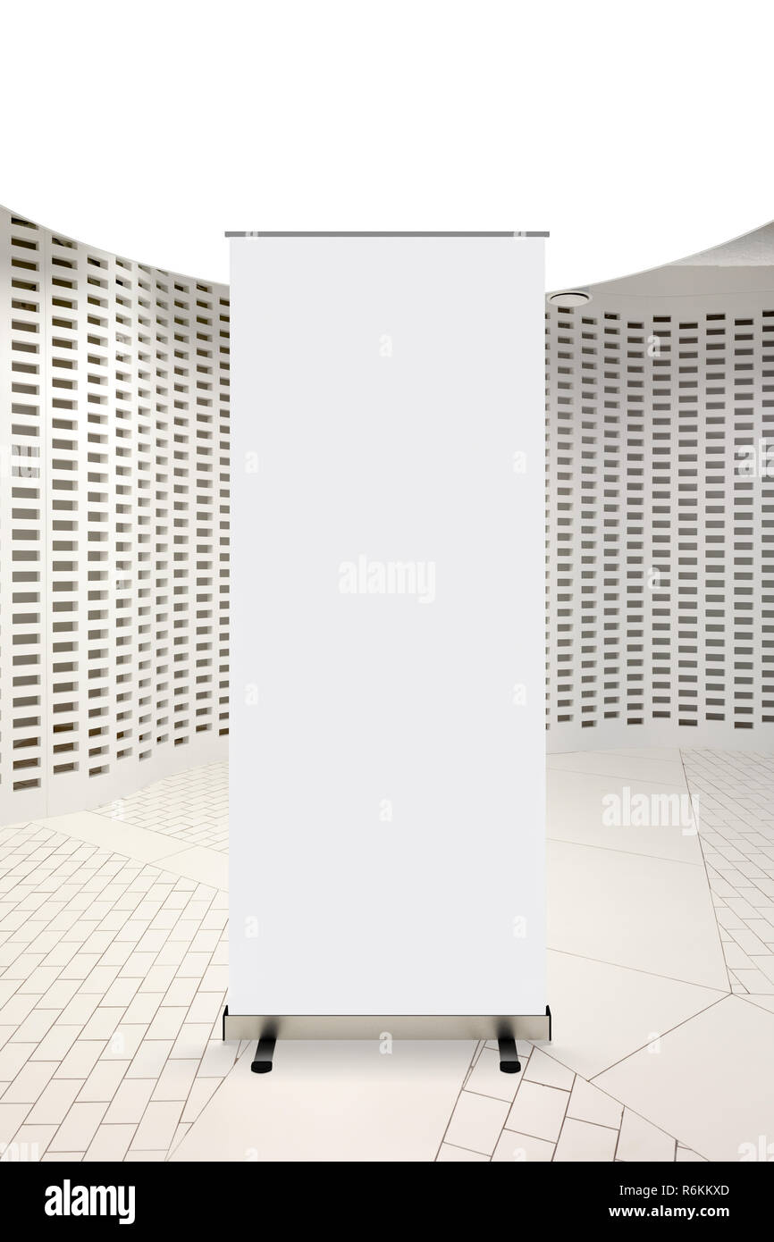Blank roll up banner stand in contemporary office interior with ...
