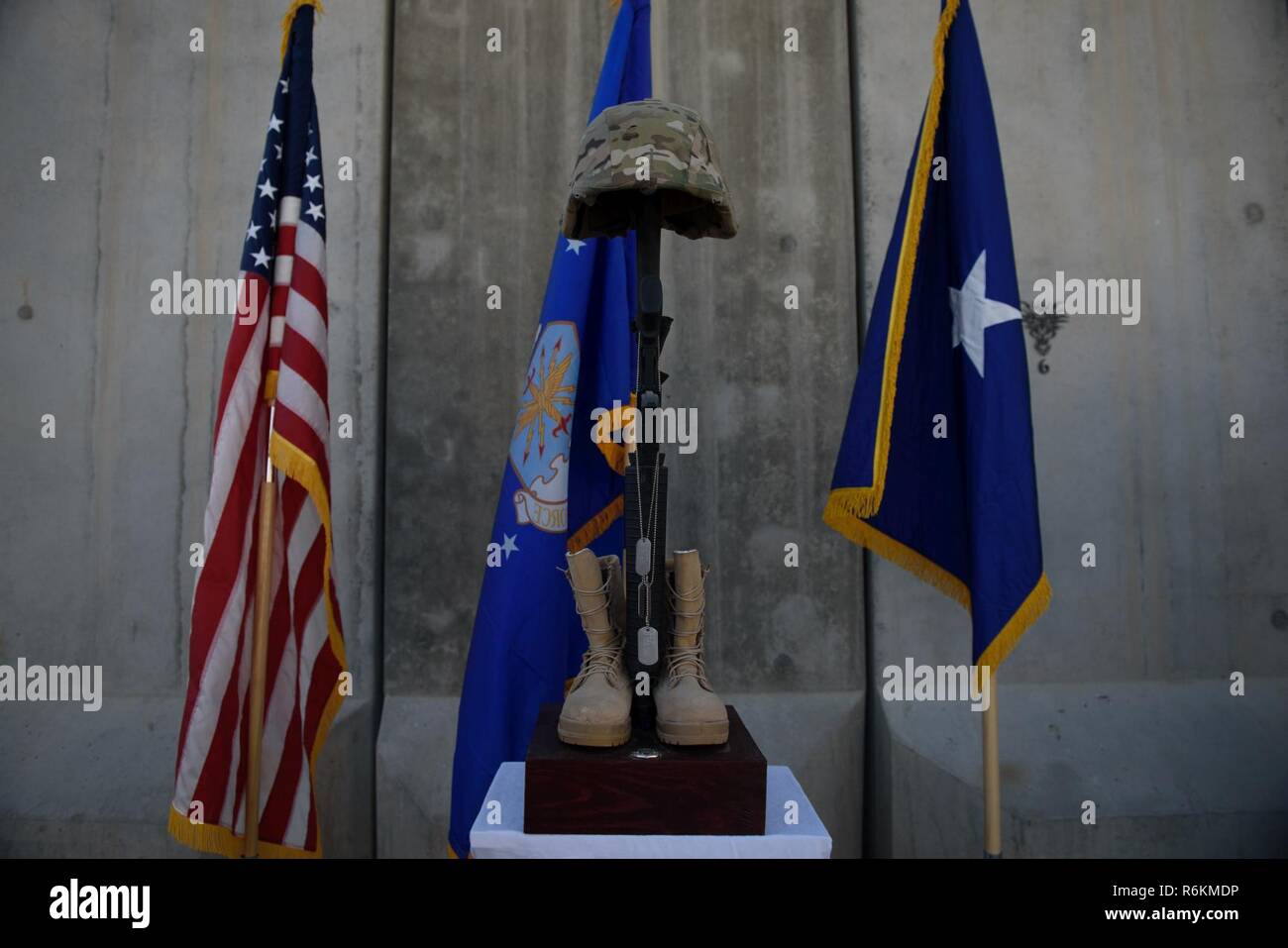 A Battlefield Cross is displayed during a Memorial Day ceremony at ...