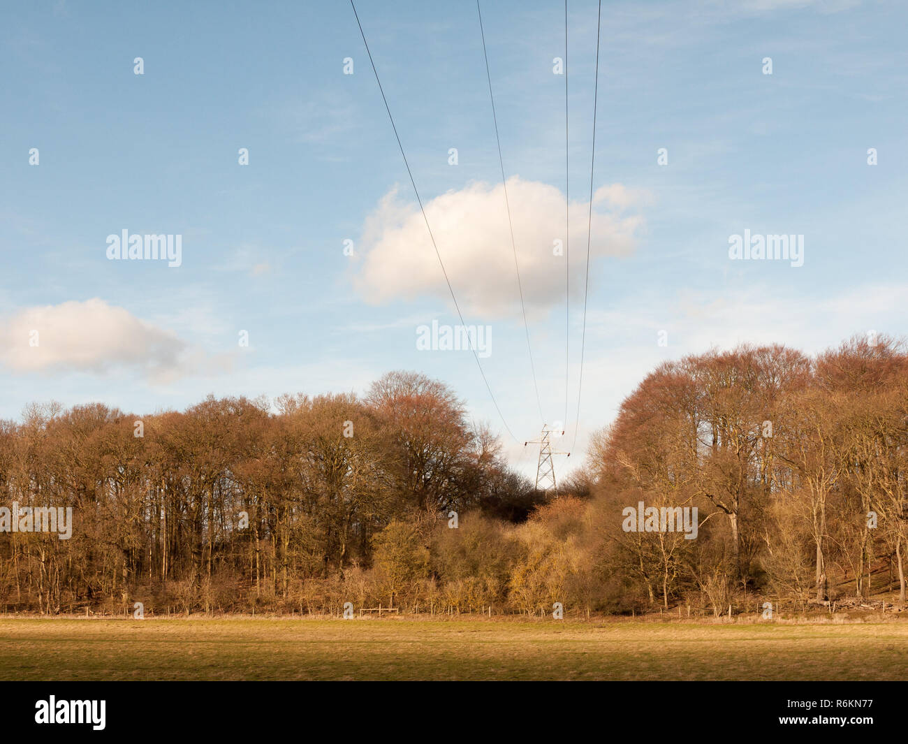 view of large electrical wire metal pylon outside in nature field wires ...