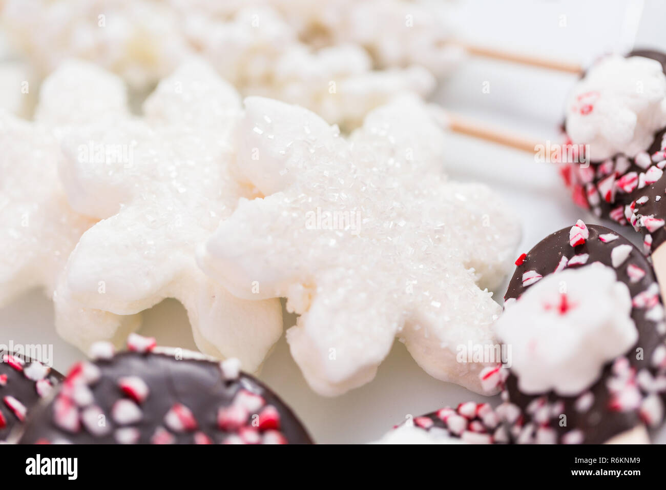 Close up view. Variety of marshmallow toppings with peppermint and ...