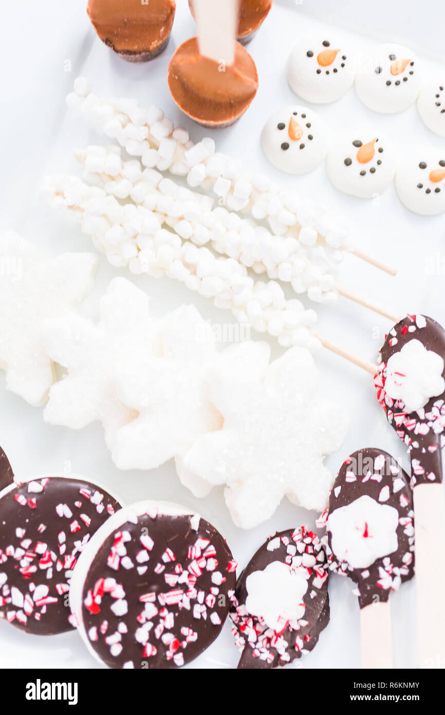 Close up view. Variety of marshmallow toppings with peppermint and ...