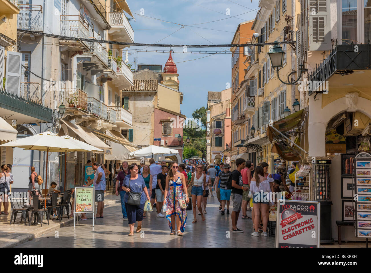 kerkyra on the greek island of corfu in a busy crowded tourist area ...