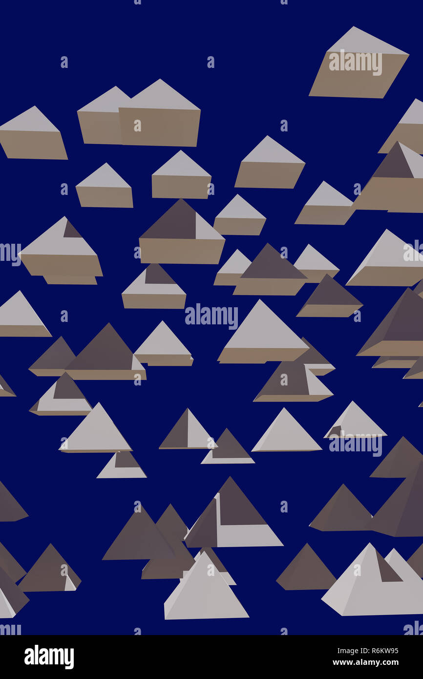 3d illustration of floating pyramids with square base with dark blue ...