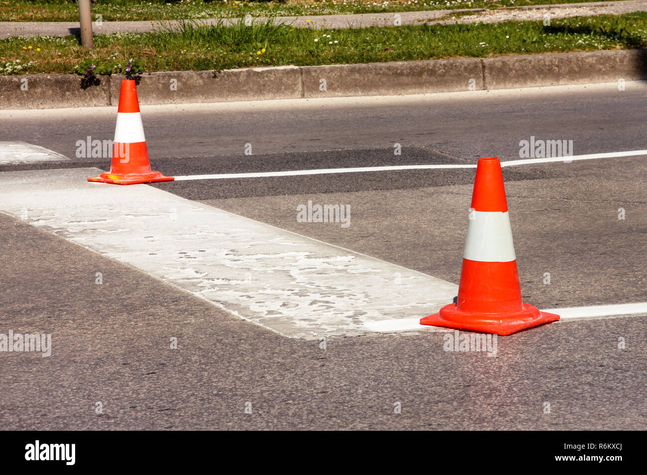 Work on road. Construction cones. Traffic cone, with white and orange ...