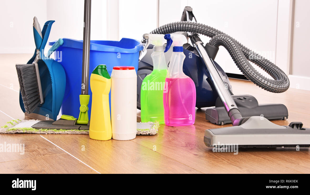 Variety of detergent bottles and chemical cleaning supplies Stock Photo ...
