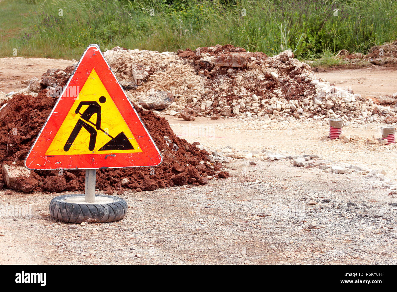 Road works sign for construction works, road, pavement construction ...