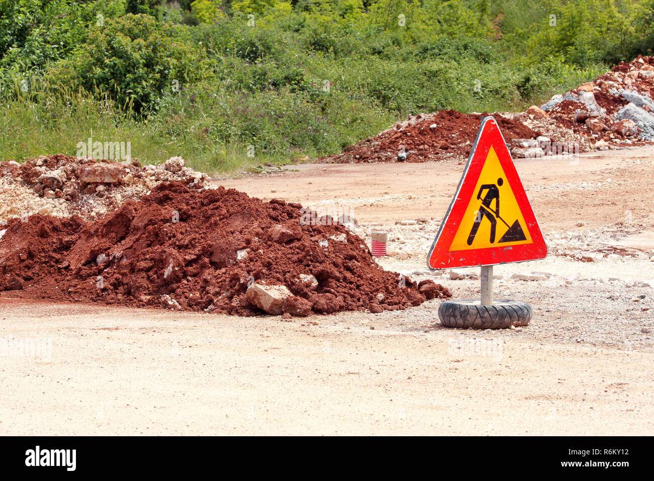 Road works sign for construction works, road, pavement construction ...
