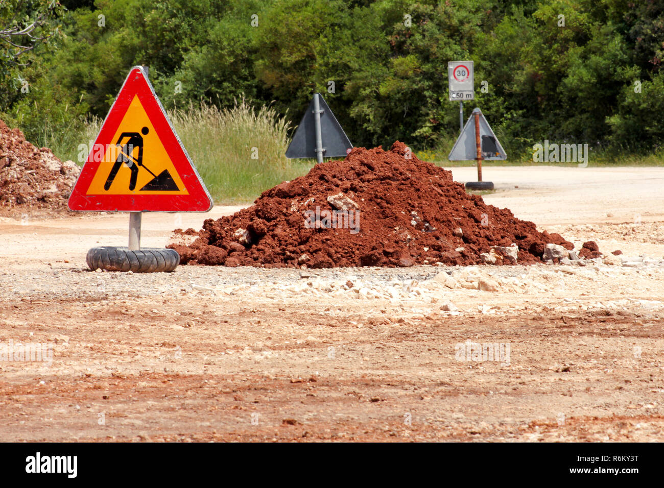 Road works sign for construction works, road, pavement construction ...