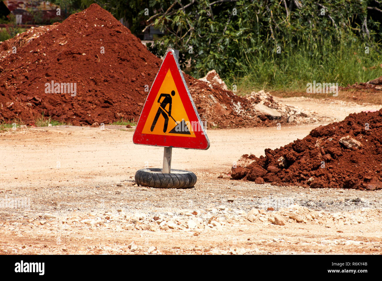 Road works sign for construction works, road, pavement construction ...